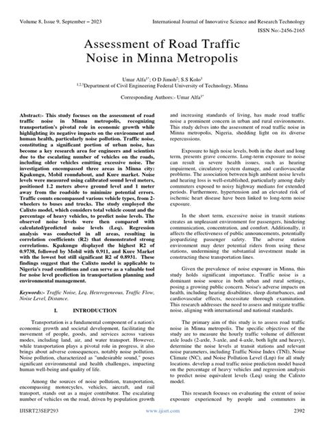 Assessment Of Road Traffic Noise In Minna Metropolis Pdf Transport Road