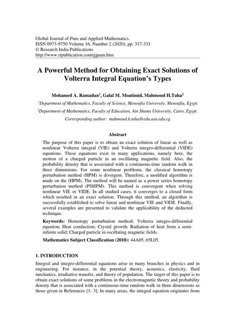 Pdf A Powerful Method For Obtaining Exact Solutions Of Volterra