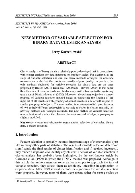 pdf new method of variable selection for binary data cluster analysis