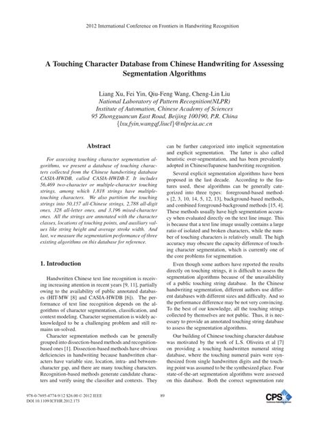 Pdf A Touching Character Database From Chinese Handwriting For Assessing Segmentation Algorithms