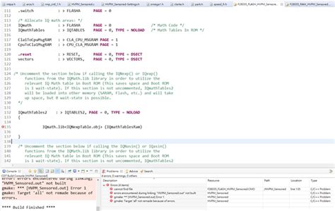 tms320f28035 creating output section iqmathtablesram without a sections specification c2000
