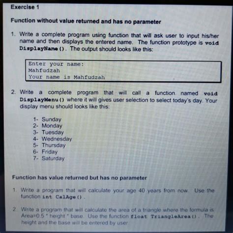 solved exercise 1 function without value returned and has no