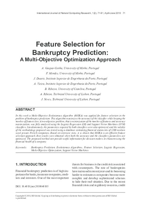 Pdf Feature Selection For Bankruptcy Prediction A Multi Objective Optimization Approach