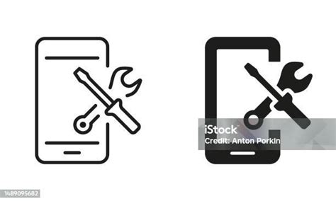 스마트폰 소프트웨어 서비스 라인 아이콘 세트 핸드폰 픽토그램의 구성 및 기술 지원 휴대폰 기호 컬렉션에서 응용 프로그램 설정 벡터 격리 그림 개발에 대한 스톡 벡터 아트 및
