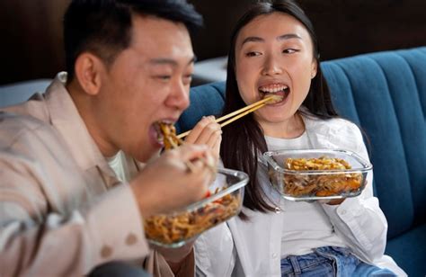 Free Photo Front View People Eating Asian Food
