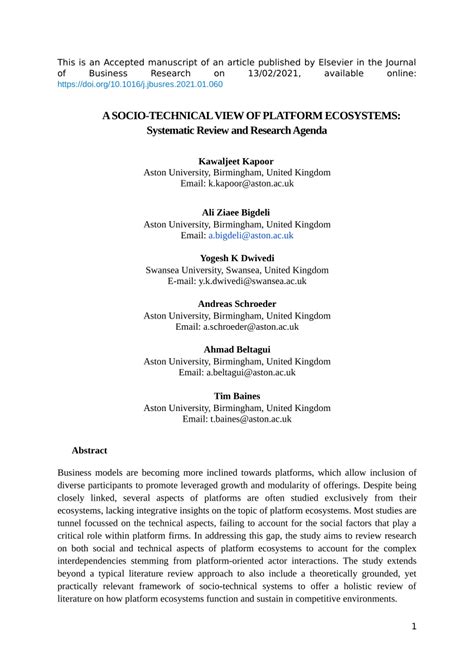 Pdf A Socio Technical View Of Platform Ecosystems Systematic Review And Research Agenda