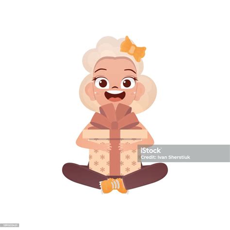 행복한 소녀는 연꽃 자리에 앉아 선물 상자를 손에 쥐고 있습니다 만화 스타일 벡터 공휴일에 대한 스톡 벡터 아트 및 기타 이미지 공휴일 긍정적인 감정 표현 기념일