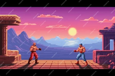 격투 게임 레트로 컴퓨터 게임 레벨 픽셀 아트 비디오 게임 장면 8비트 인공 지능 생성 프리미엄 사진