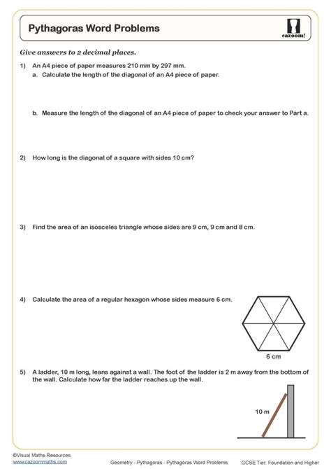 Pythagoras Word Problems Worksheet Cazoom Maths Worksheets