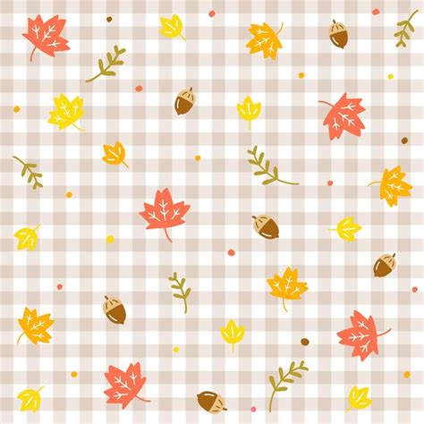 Premium Vector Cute Fall Autumn Acorn Oak Red Maple Leaf Confetti Gingham Checkered Seamless