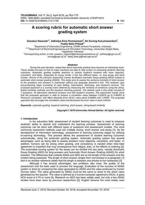 A Scoring Rubric For Automatic Short Answer Grading System Pdf