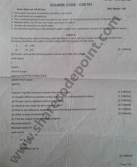 Cse101 Computer Programming Final Exam Question Paper Lpu