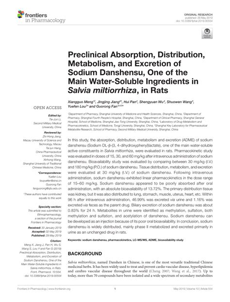 Pdf Preclinical Absorption Distribution Metabolism And Excretion Of Sodium Danshensu One