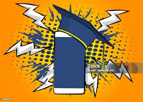 만화 스마트 폰 만화책 전화 졸업 모자 복고풍 벡터 만화 팝 아트 디자인 졸업식에 대한 스톡 벡터 아트 및 기타 이미지