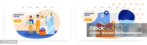 가전 제품 수리 방문 페이지 디자인 웹 사이트 배너 벡터 템플릿 세트 세탁기 전자 레인지를 고정 수리부 깨짐에 대한 스톡 벡터 아트 및 기타 이미지 Istock