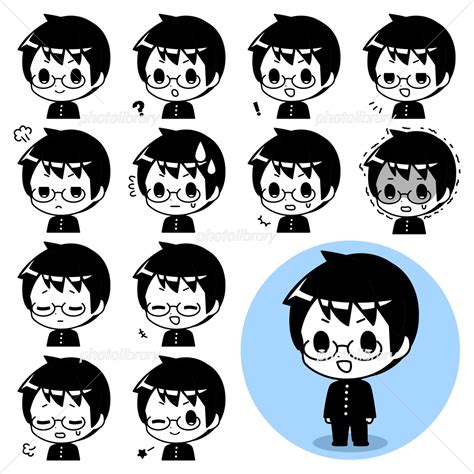 漫画風 眼鏡をかけた制服の男の子のイラスト 表情セット イラスト素材 [ 6423999 ] フォトライブラリー Photolibrary