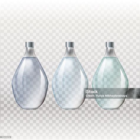 브랜드와 제품 디자인에 대 한 서식 파일 이랑입니다 독특한 디자인으로 현실적인 유리 투명 병을 격리 브랜딩 및 마케팅 광고에 대 한 사용 하기 쉬운 개체 그룹에 대한 스톡