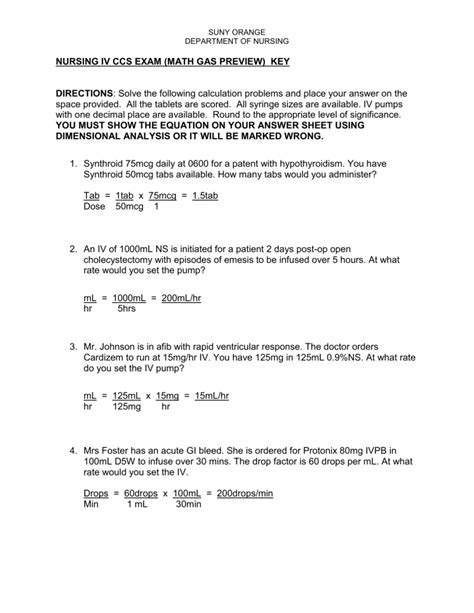Nursing Iv Ccs Exam Key Math And Gas Calculations