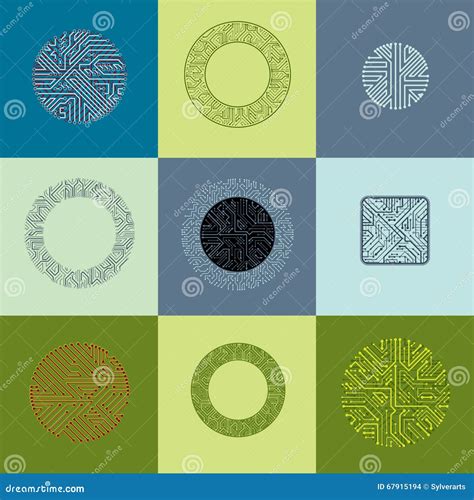 Set Of Vector Technology Cpu Designs With Square And Circular Mi Stock
