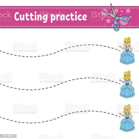 아이들을위한 절단 연습 동화 테마 워크시트를 개발하는 교육 활동 페이지입니다 어린이를위한 색상 게임 격리된 벡터 그림입니다 만화 캐릭터 가위에 대한 스톡 벡터 아트 및 기타