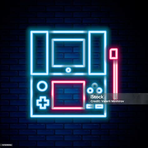 빛나는 네온 라인 벽돌 벽 배경에 격리된 휴대용 비디오 게임 콘솔 아이콘 게임 패드 기호 게임 개념입니다 다채로운 개요 개념입니다 벡터 게이머에 대한 스톡 벡터 아트 및