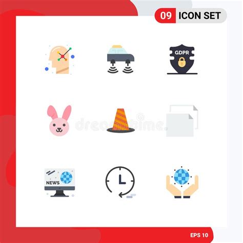 Set Of 9 Vector Flat Colors On Grid For Protection Rabbit Wifi Easter Security Stock Vector