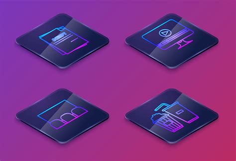 아이소 메트릭 라인 시나리오 스크린과 좌석이있는 시네마 강당 온라인 플레이 비디오 및 팝콘 및 소다 음료 잔을 설정하십시오 파란색 사각형 버튼 벡터 3차원 형태에 대한 스톡