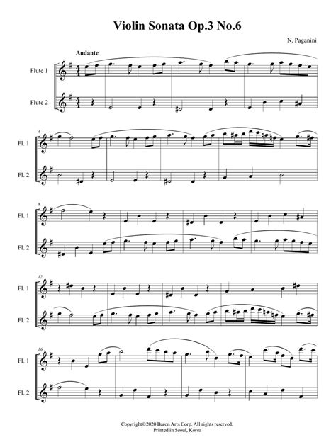 N Paganini Violin Sonata Op 3 No 6 플룻 듀엣 파가니니 바이올린 소나타 Flute Duet 플룻 듀엣 악보 By 바론아트