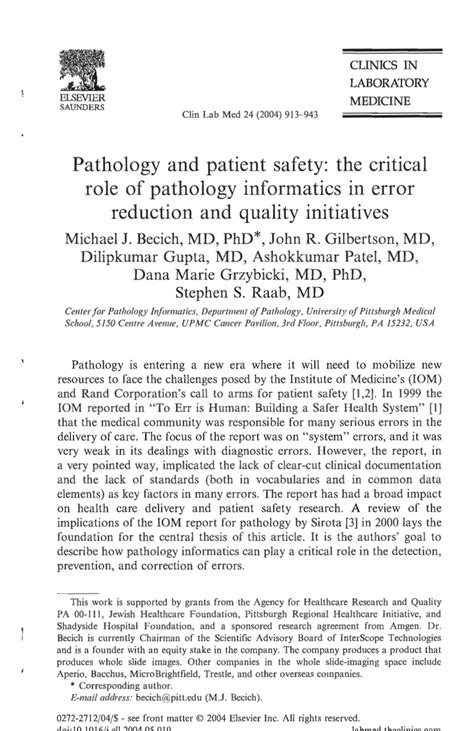 Pdf Pathology And Patient Safety The Critical Role Of Pathology Informatics In Error