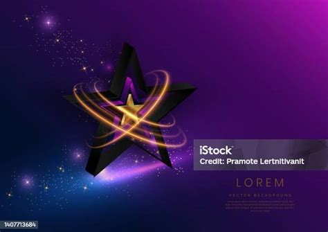 조명 효과와 스페이클과 진한 파란색과 보라색 배경에 황금색과 3d 황금 별 템플릿 럭셔리 프리미엄 어워드 디자인 3차원 형태에 대한 스톡 벡터 아트 및 기타 이미지 Istock
