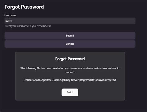Admin Password Reset Emby Documentation