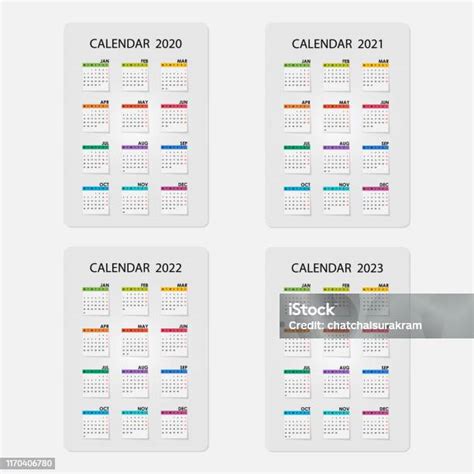 달력 2020 2021 2022 및 2023 달력 템플릿입니다 달력 디자인입니다 연간 달력 벡터 디자인 문구 템플릿입니다 벡터 그림입니다 0명에 대한 스톡 벡터 아트 및