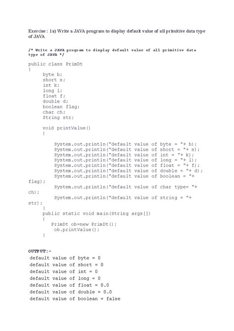 Java Lab Manual R19 R20 Exercise 1a Write A Java Program To Display Default Value Of