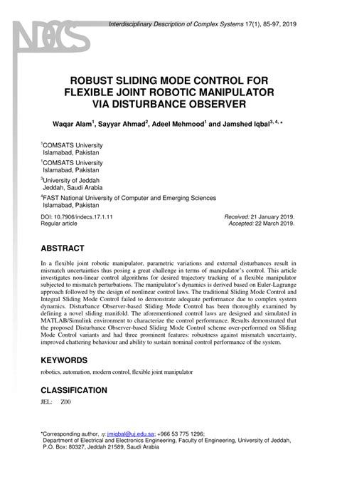 Pdf Robust Sliding Mode Control For Flexible Joint Robotic Manipulator Via Disturbance Observer