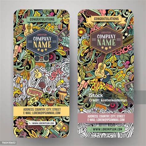 히피 손 그린 낙서 배너 세트입니다 만화 상세한 전단지 개체와 기호가 있는 히피 아이덴티티 색상 벡터 디자인 요소 일러스트레이션