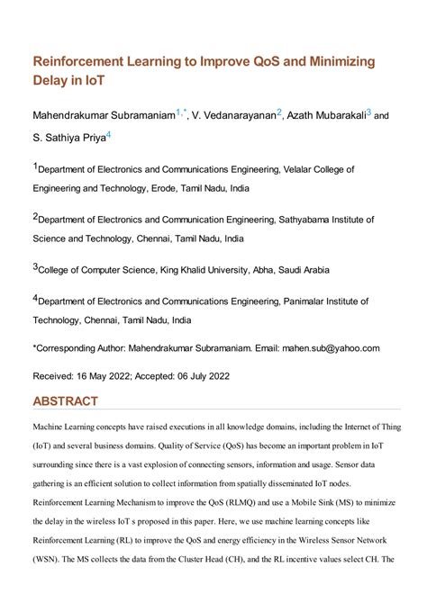 Pdf Reinforcement Learning To Improve Qos And Minimizing Delay In Iot