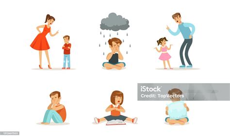 슬픈 우울한 아이들 세트 불행한 스트레스 외로운 아이 부모와의 충돌 아버지와 어머니가 어린이 만화 벡터 일러스트레이션 개체