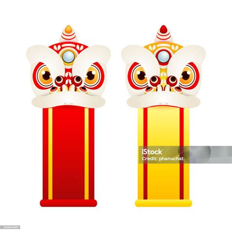 빈 두루마리가있는 새해 새해 사자 댄스 헤드 금으로 장식 된 행운의 빨간 간판을위한 마스코트 배너 템플릿 포스터 흰색 배경에 고립 된 만화 벡터 일러스트 레이 션 사자탈춤에