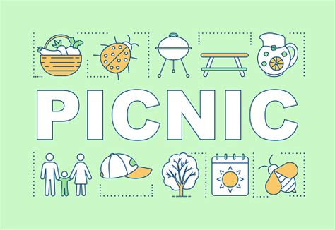 피크닉 단어 개념 배너입니다 아이들과 함께 하는 가족 활동 바베 큐 야외에서 식사 자연에서 점심 식사 프리젠 테이션 웹 사이트 고립 된 문자 타이포그래피 아이디어 선형