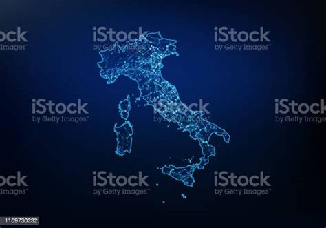 이탈리아지도 네트워크 인터넷 및 글로벌 연결 개념 와이어 프레임 3d 메쉬 다각형 네트워크 라인 디자인 구체 점 및 구조의 추상 벡터 일러스트레이션 Eps 10 이탈리아에