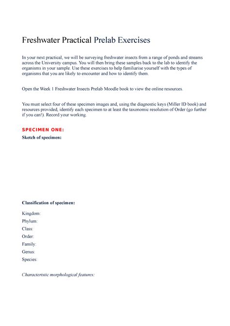 Freshwater Prelab Exercises Freshwater Practical Prelab Exercises In Your Next Practical We