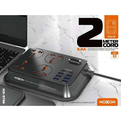 Moxom Mx St06 2 Meter Wall Extension Plug Cord With 4 Socket Outlets And 6 Usb And 2 Pd Charge 3