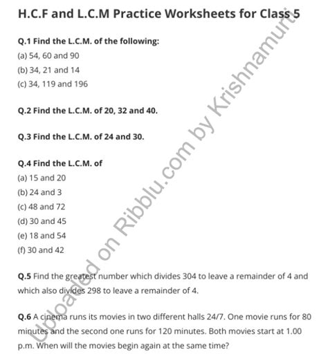 Hcf And Lcm Worksheets For Class 5 Hcf And Lcm Worksheets For Class 5