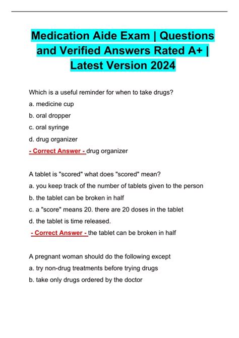 Medication Aide Exam Questions And Verified Answers Rated A Latest Version 2024 Med Aide