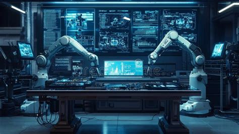 A Sophisticated Robotics Lab Showcasing Robotic Arms And Advanced Technology In Use Stock Image