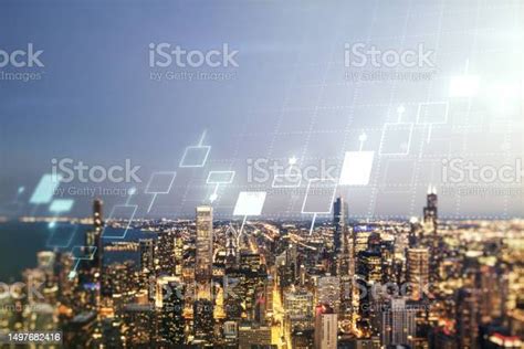 시카고 고층 빌딩 배경 연구 및 분석 개념에 가상 창조적 인 금융 차트 홀로그램의 멀티 노출 도시에 대한 스톡 사진 및 기타