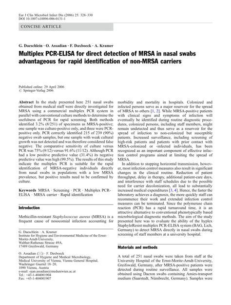 Pdf Multiplex Pcr Elisa For Direct Detection Of Mrsa In Nasal Swabs Advantageous For Rapid