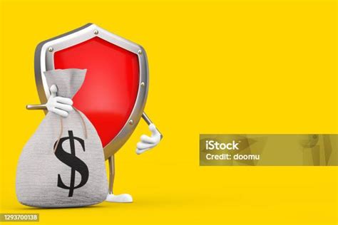 레드 메탈 보호 방패 캐릭터 마스코트와 묶여 소박한 캔버스 리넨 돈 자루 또는 달러 기호와 돈 가방 3d 렌더링 가득 찬에 대한 스톡 사진 및 기타 이미지 Istock
