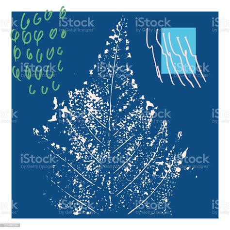 식물의 벡터 식물 그림 손으로 그린 질감과 마크가있는 잎의 잉크 모노 프린트 그런 지 스타일의 추상적 인 배경입니다 엽서 포스터 또는 초대장 디자인 0명에 대한 스톡 벡터