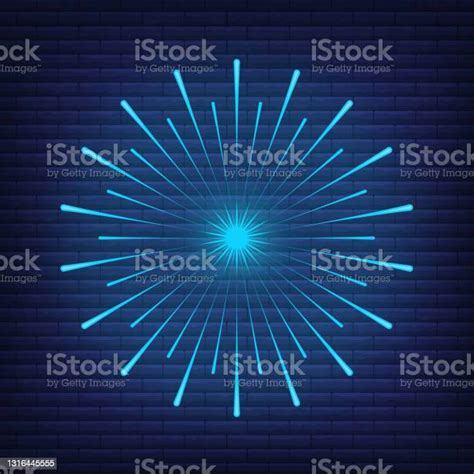 복고풍 디자인 라이트 선버스트 네온 스타일 글로우 기하학적 모양 빈티지 광선 폭발 아이콘 개념 벡터 일러스트 검은 벽에 고립 개념에 대한 스톡 벡터 아트 및 기타 이미지